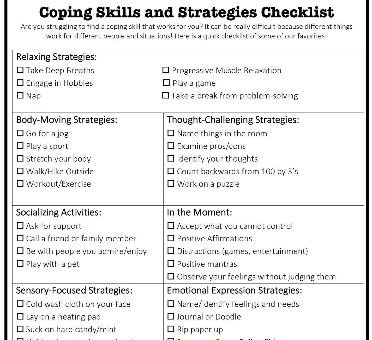 Basic Coping Skills Checklist – Just Counseling Things