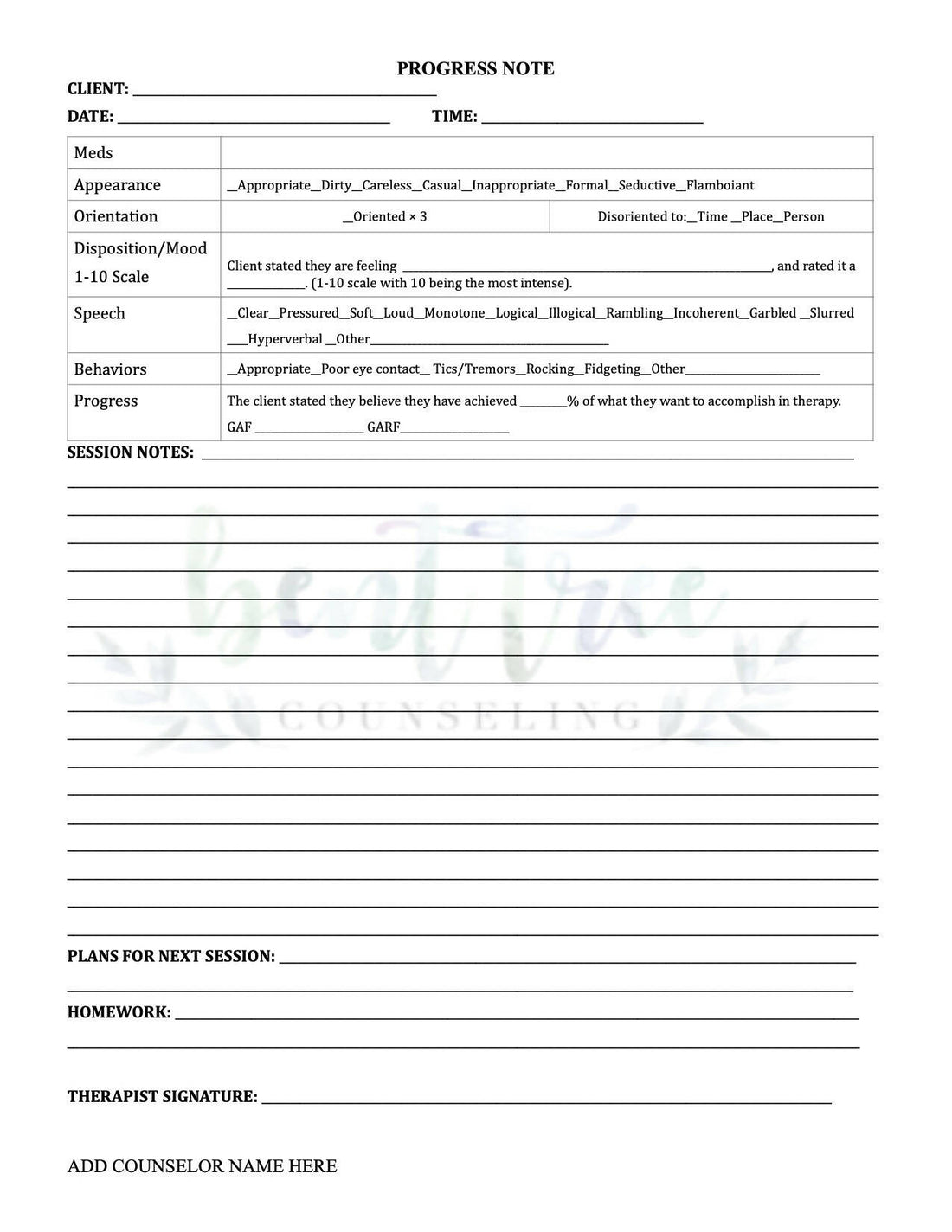 Editable Progress Note – Just Counseling Things