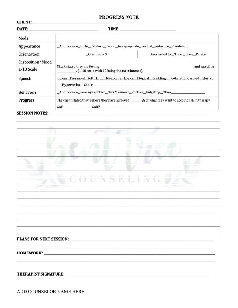 Editable Progress Note – Just Counseling Things